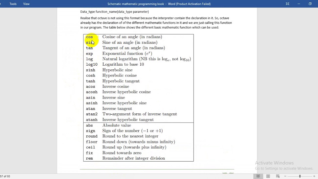 functions integrated in octave programming