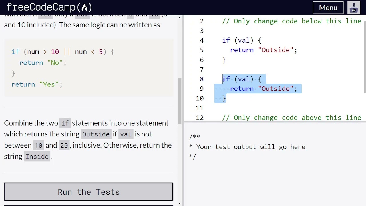 Comparison with the logical OR operator - freeCodeCamp | Video 70 | Basic JavaScript