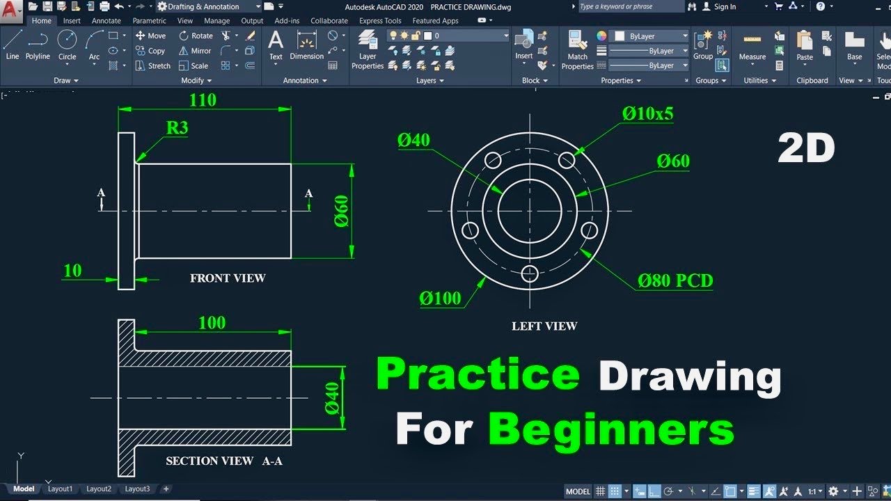 AutoCAD Practice Drawings For Beginners | AutoCAD Practice Drawings 2D