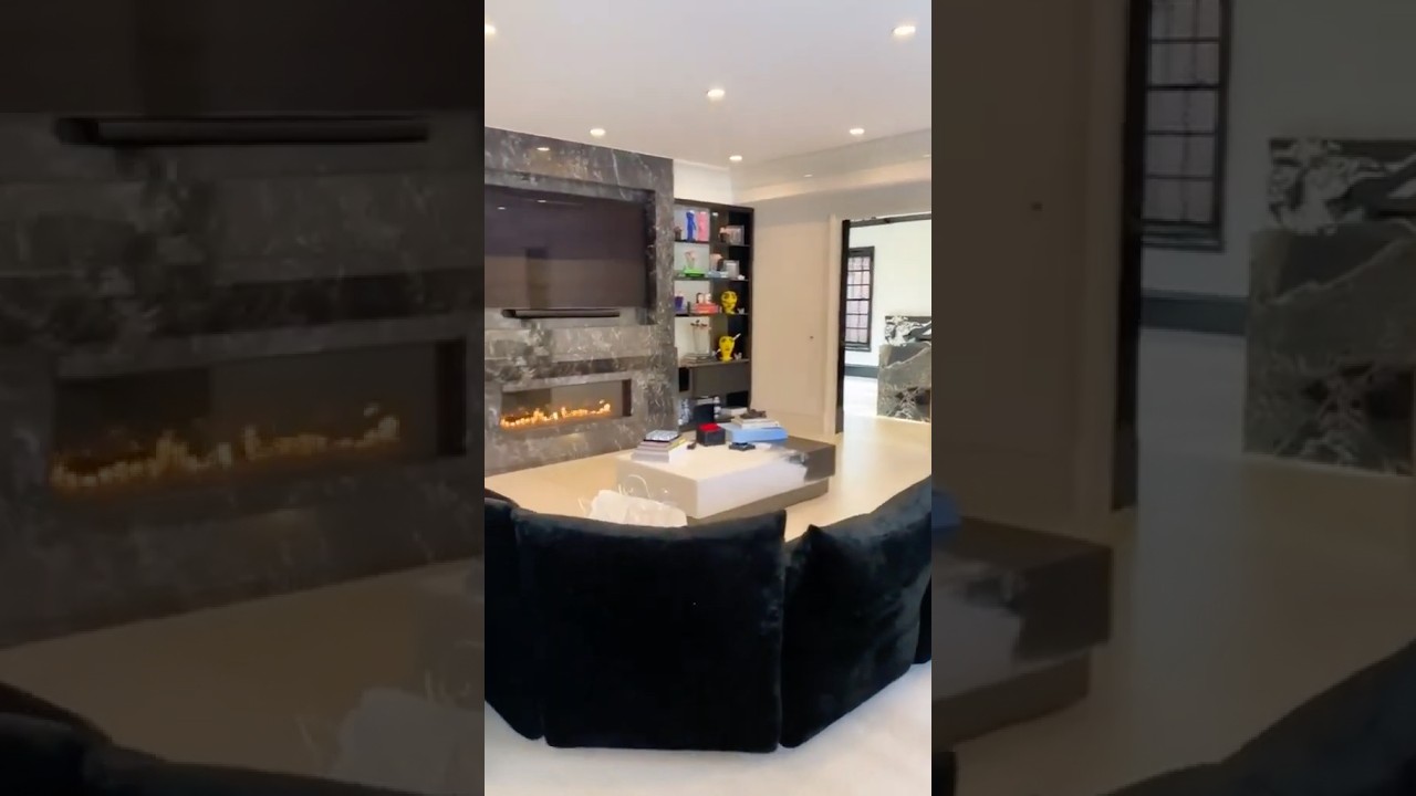 Flare 60 Inch Linear Gas Fireplace with TV | Luxury Home Living Room | Black & White Marble Finish