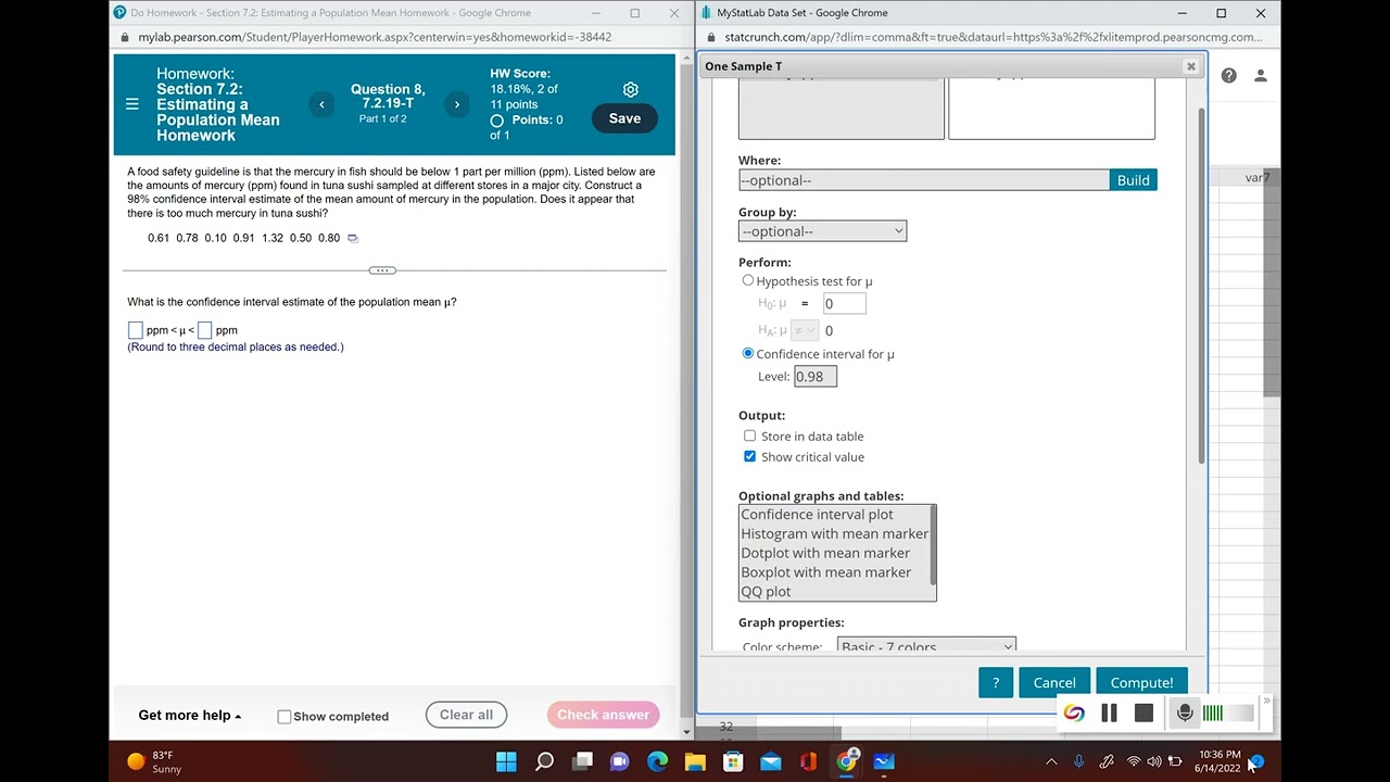 Confidence Interval for Population Mean Given Data Using Statcrunch