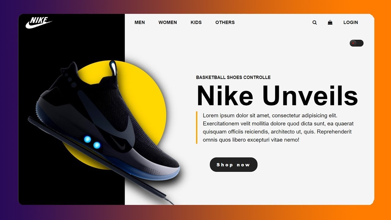 UI   UX  design of nike unveils landing page   webpage with dark   night mode in html and css only