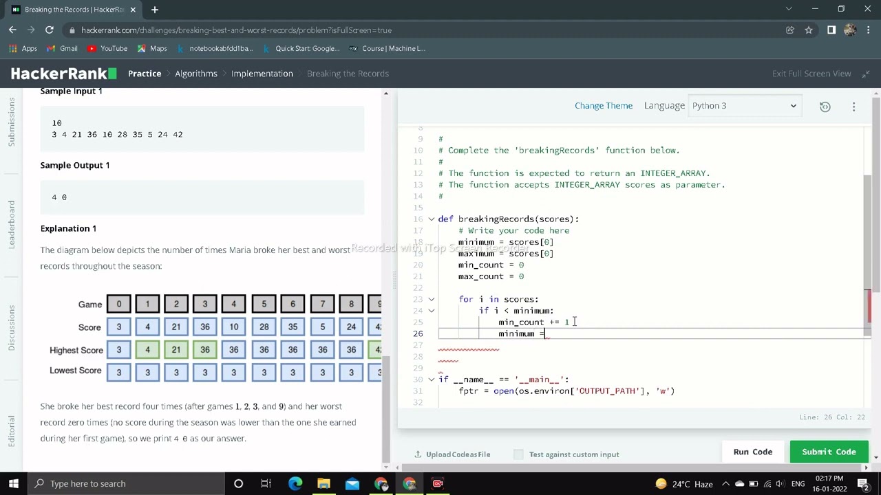HackerRank Problem | Breaking the Records Problem | HackerRank fully solved problem with Python