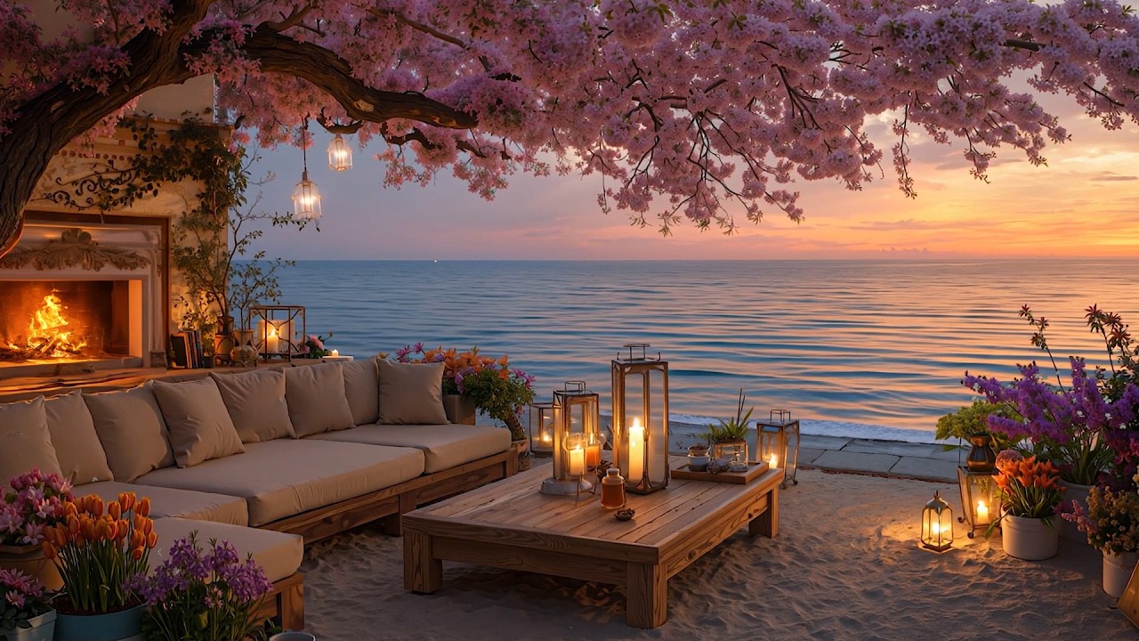 Tranquil Ocean View Porch in Spring 🌊Soft Piano, Ocean Waves & Fireplace for Calm & Focus