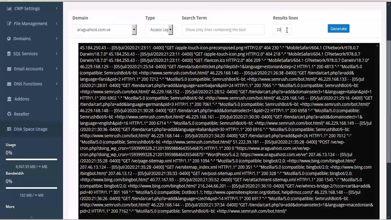 CWP - User Panel: Log Viewer tutorial