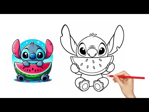 How to Draw Stitch with Watermelon | Easy Drawing for Kids