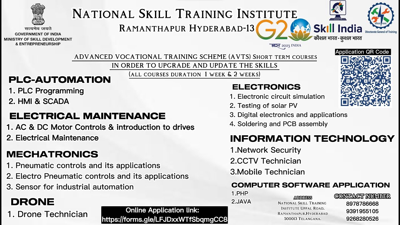 SHORT TERM COURSES IN  ADVANCED TECHNOLOGY (AVTS) SCHEME  at  NSTI  Ramananthpur Hyderabad.