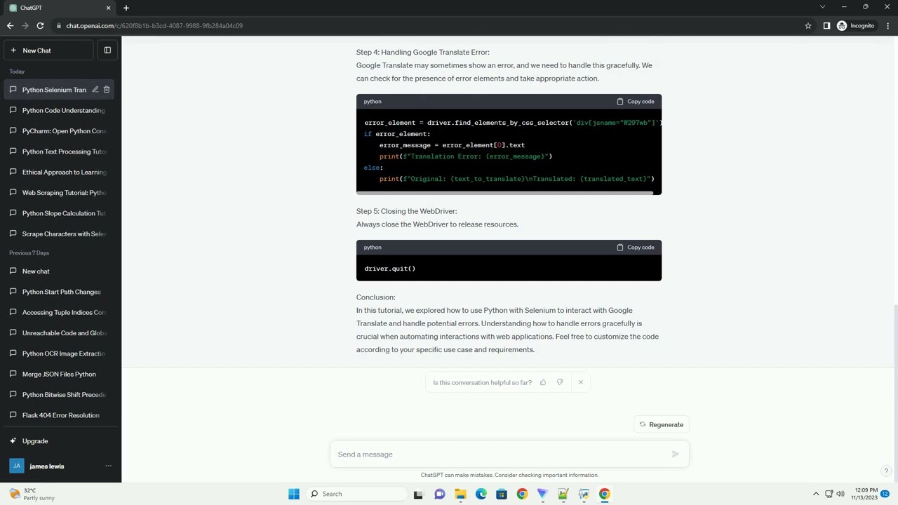 Python with Selenium Google Translate Error