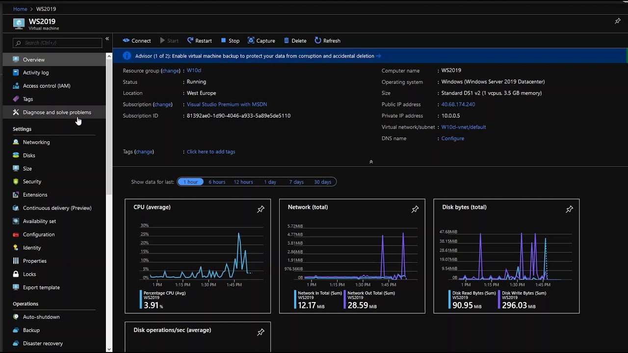 Diagnose and solve problems - Microsoft Azure VM Menu