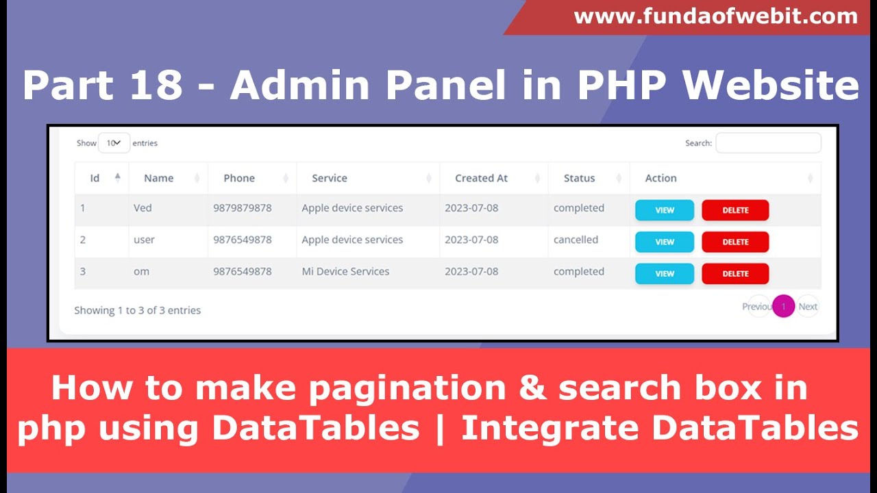 Part 18 - How to use DataTables in PHP | How to make pagination & search box in php using DataTables