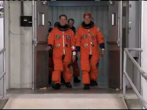 STS-128 Discovery Crew Walk Out To Astrovan