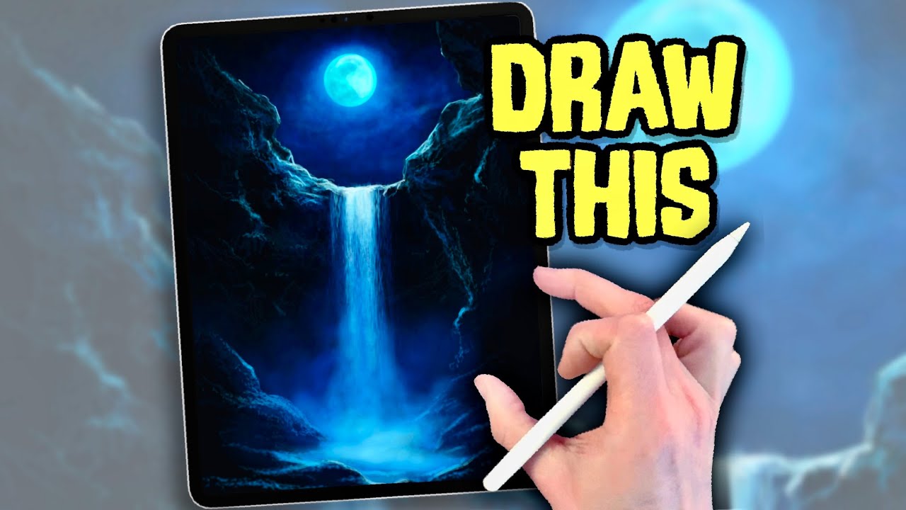 PROCREATE Landscape Drawing Tutorial - Moonlight Waterfall