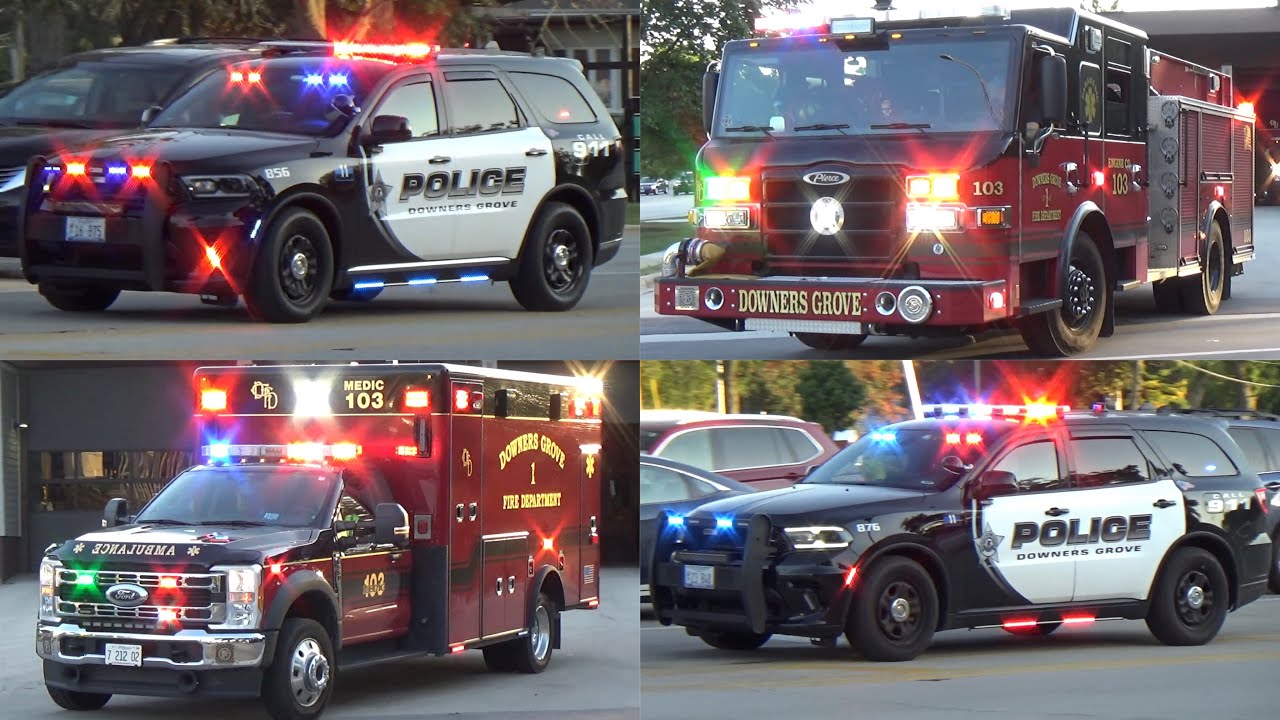 Downers Grove IL Police & Fire Dept Engine 103, Medic 103, 856, & 876 Responding