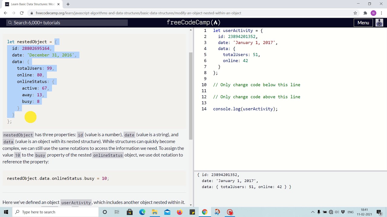 Tutorial 14 - modify an object nested within an object - freecodecamp