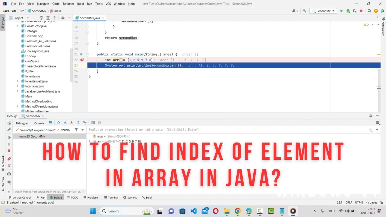 How to find index of element in array in java?