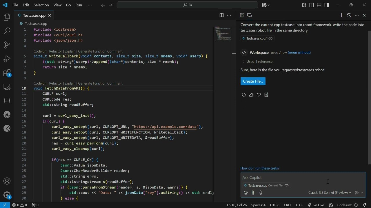 Converting C++ to Robot Framework using Github Copilot Extension in VSCode Demo
