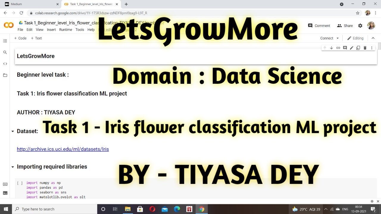 Iris flower classification ML project #LetsGrowMore#TiyasaDeyAI