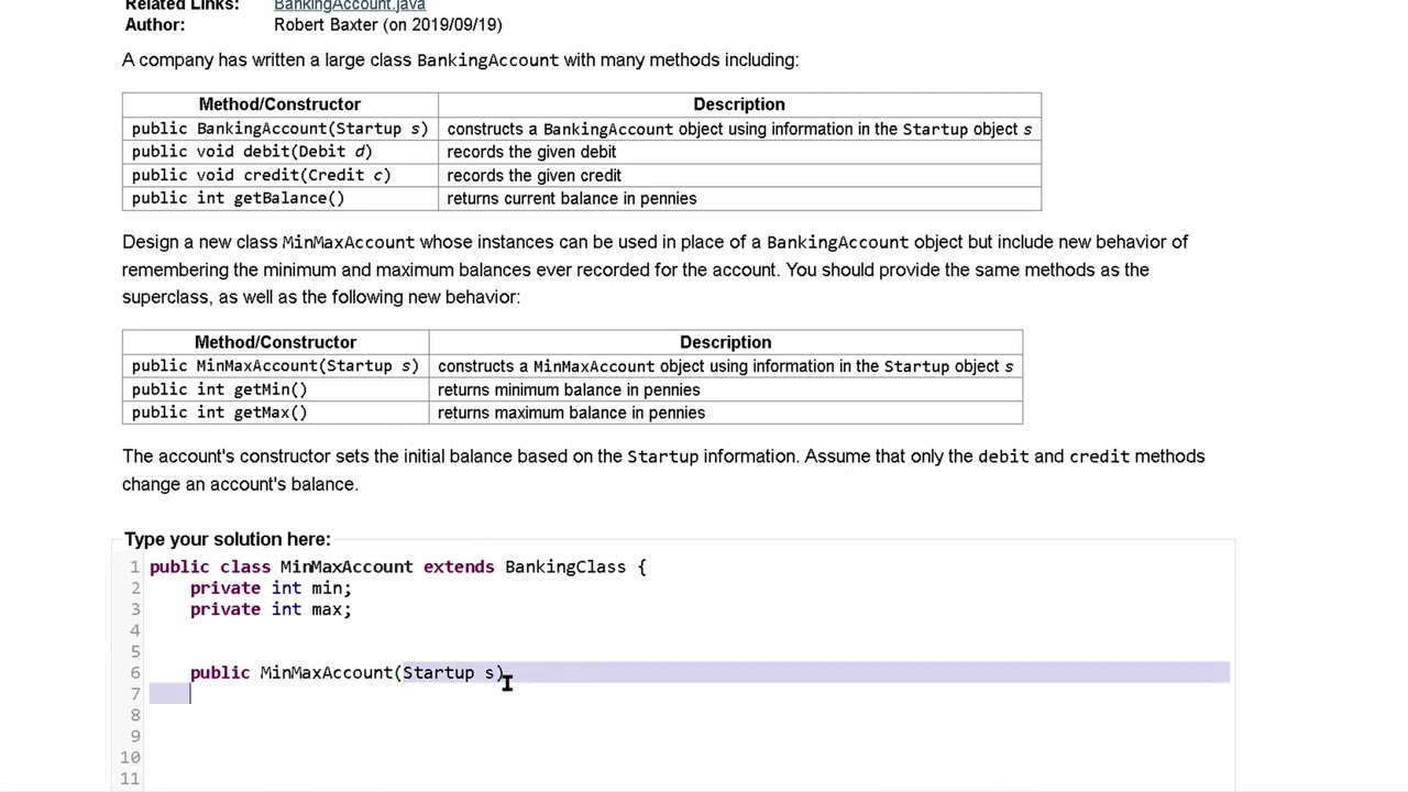 Java Practice It | Exercise 9.9 MinMaxAccount | classes, implementing, inheritance, instance method