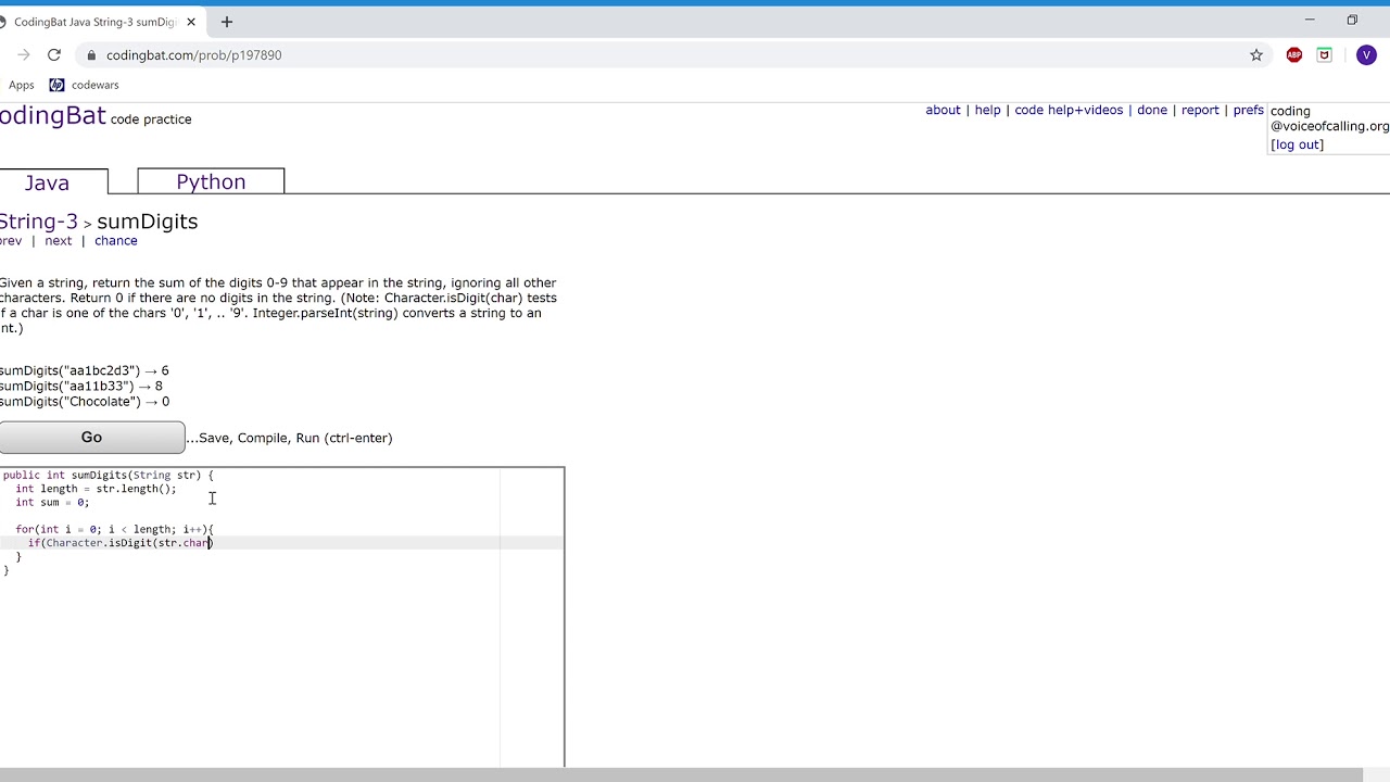 String 3 (sumDigits) Java Tutorial || codingbat.com