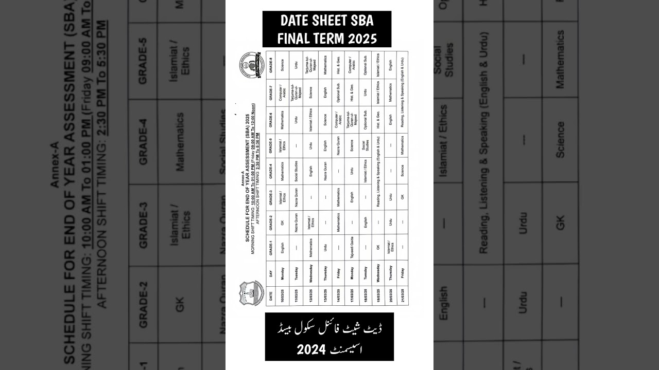 DATE SHEET SBA FINAL TERM 2025 | PEC Final Term EXAMS