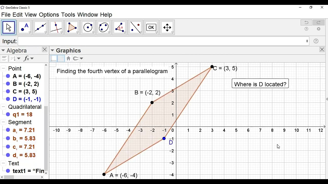 Class - 86: Coordinate Geometry: Finding the fourth vertex of a paralleogram using GeoGebra.