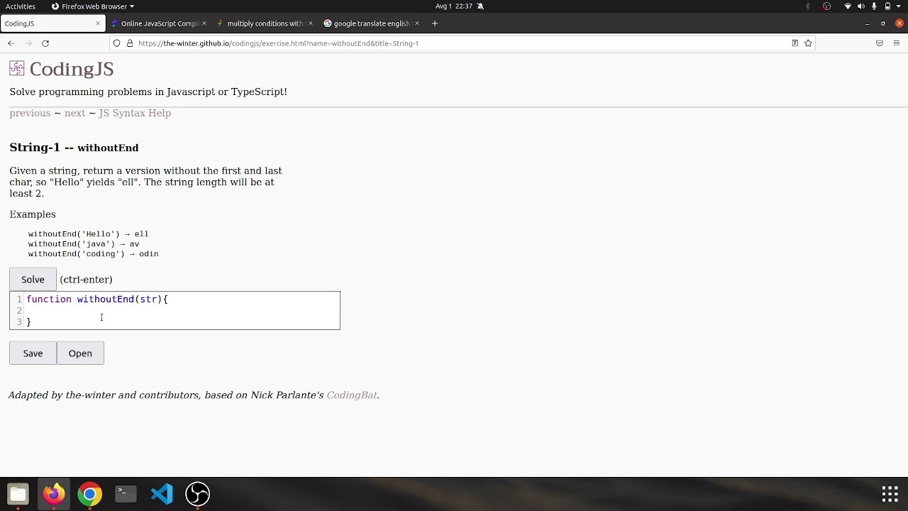String 1 withoutEnd  Javascript solution