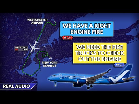 Engine Fire in flight. Breeze Airways Airbus A220 diverts to New York Kennedy Airport. Real ATC