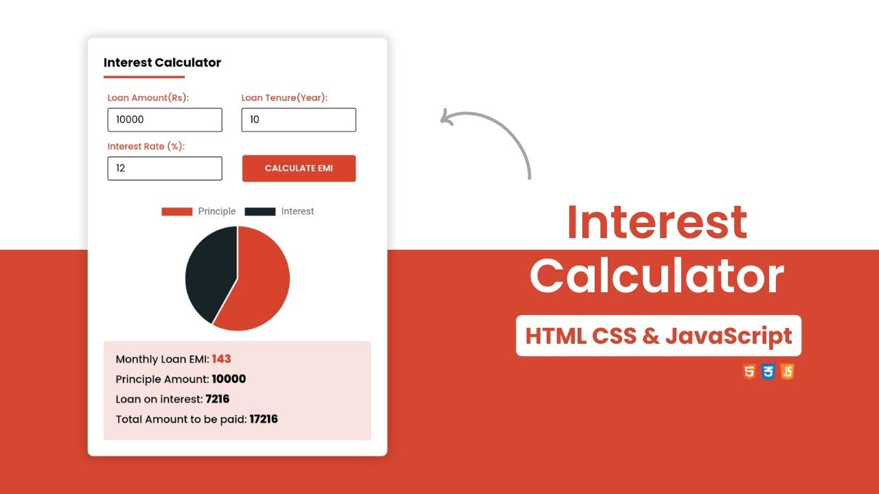 Interest Calculator with Pie Chart using HTML CSS & Javascript |Interest Calculator using Javascript