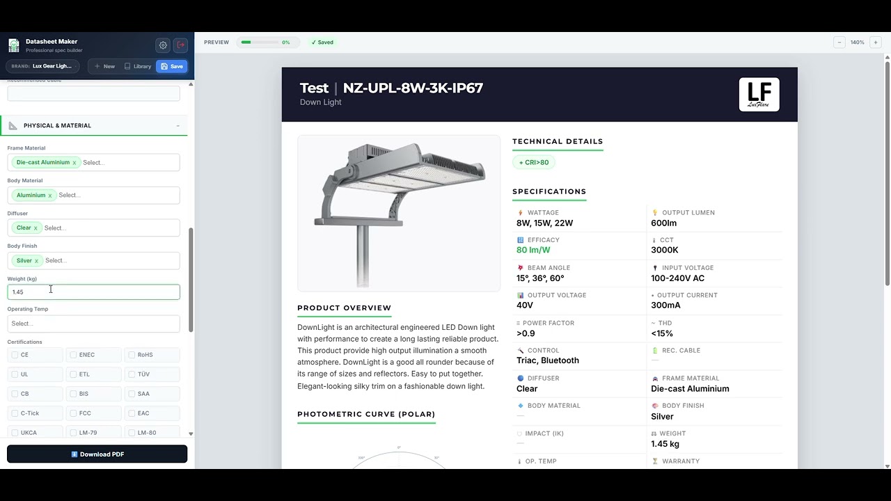 Luxgear Lighting Datasheet Demo