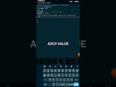 Find the ASCII value of a character A-Z=(65-90),a-z=(97-122),0-9=(48-57)