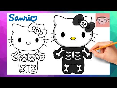 How To Draw Hello Kitty Skeleton | Halloween | Cute Easy Step By Step Drawing Tutorial