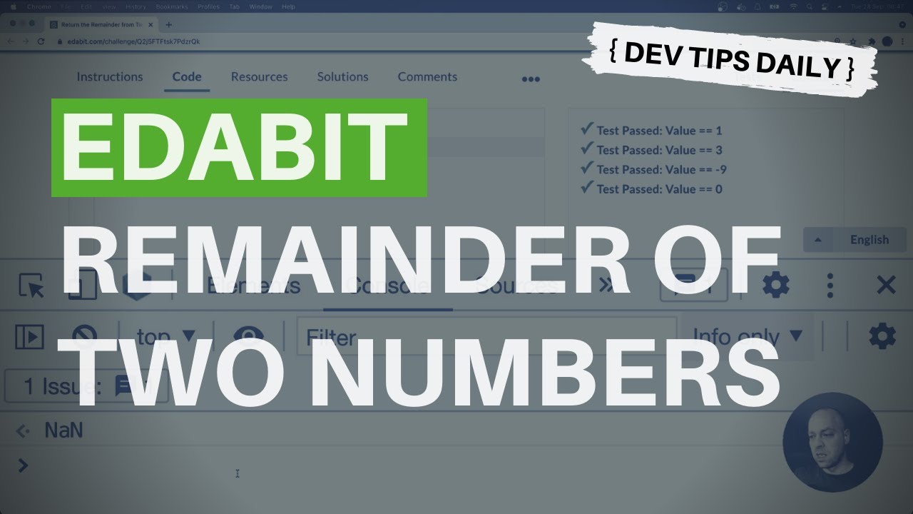DevTips Daily: Edabit JavaScript coding challenge - Remainder of two numbers