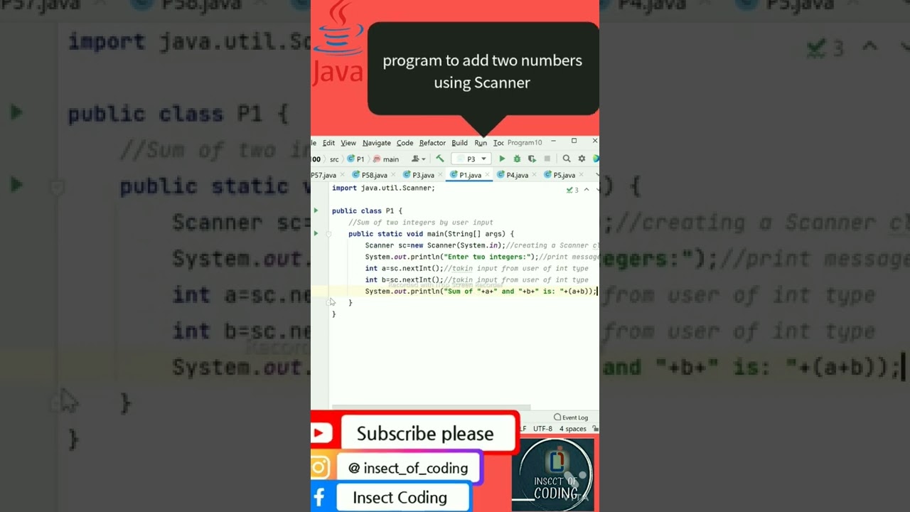 #1 | program to add two numbers in java | Java tutorial for beginners|Scanner method java|#shorts