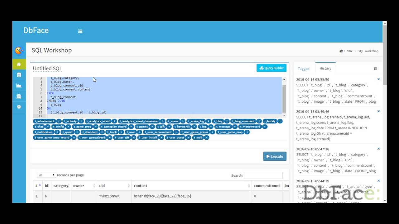 SQL Workshop in DbFace