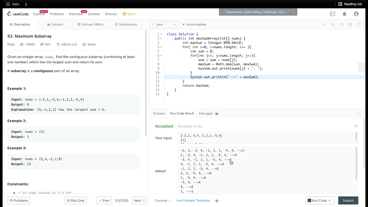 LeetCode #53 Maximum Subarray - Coding Interview Problem with 2 Java Solution