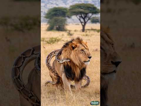 African Python Coiled Around A Mane Lion | Deadliest Sight In Savannah #lion #python #wildlife #rare