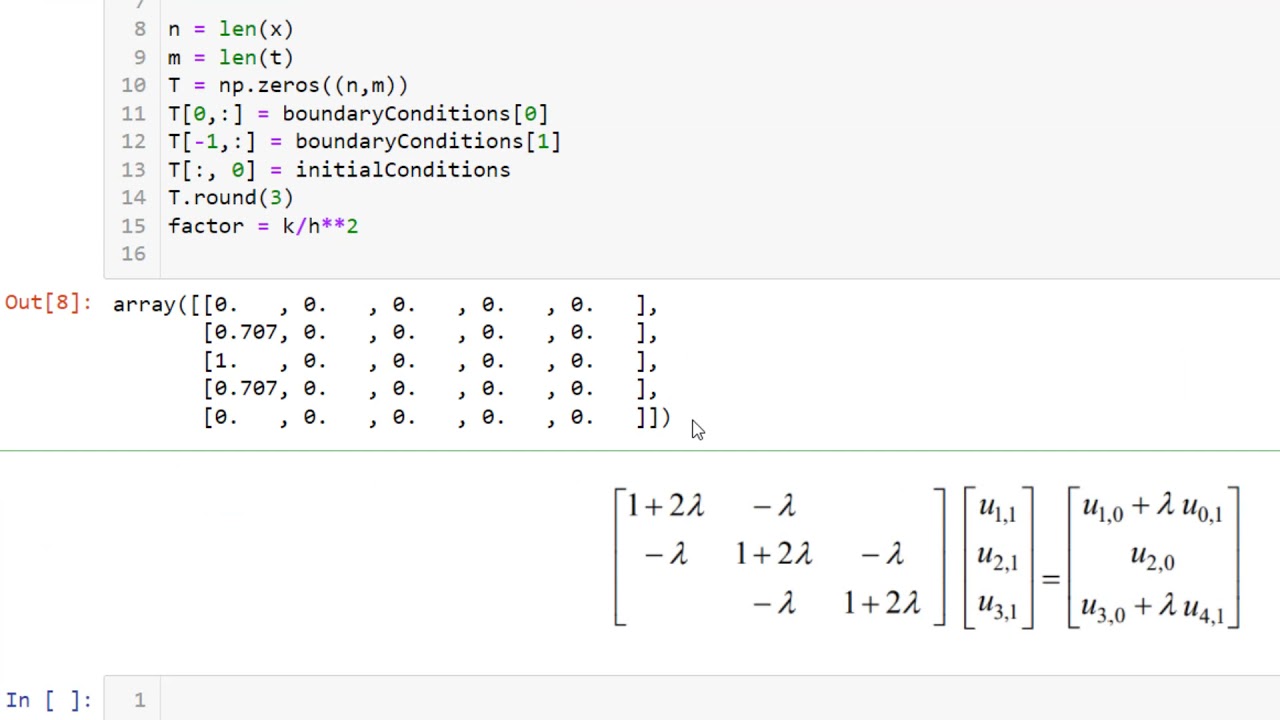 Solve the heat equation PDE using the Implicit method in Python