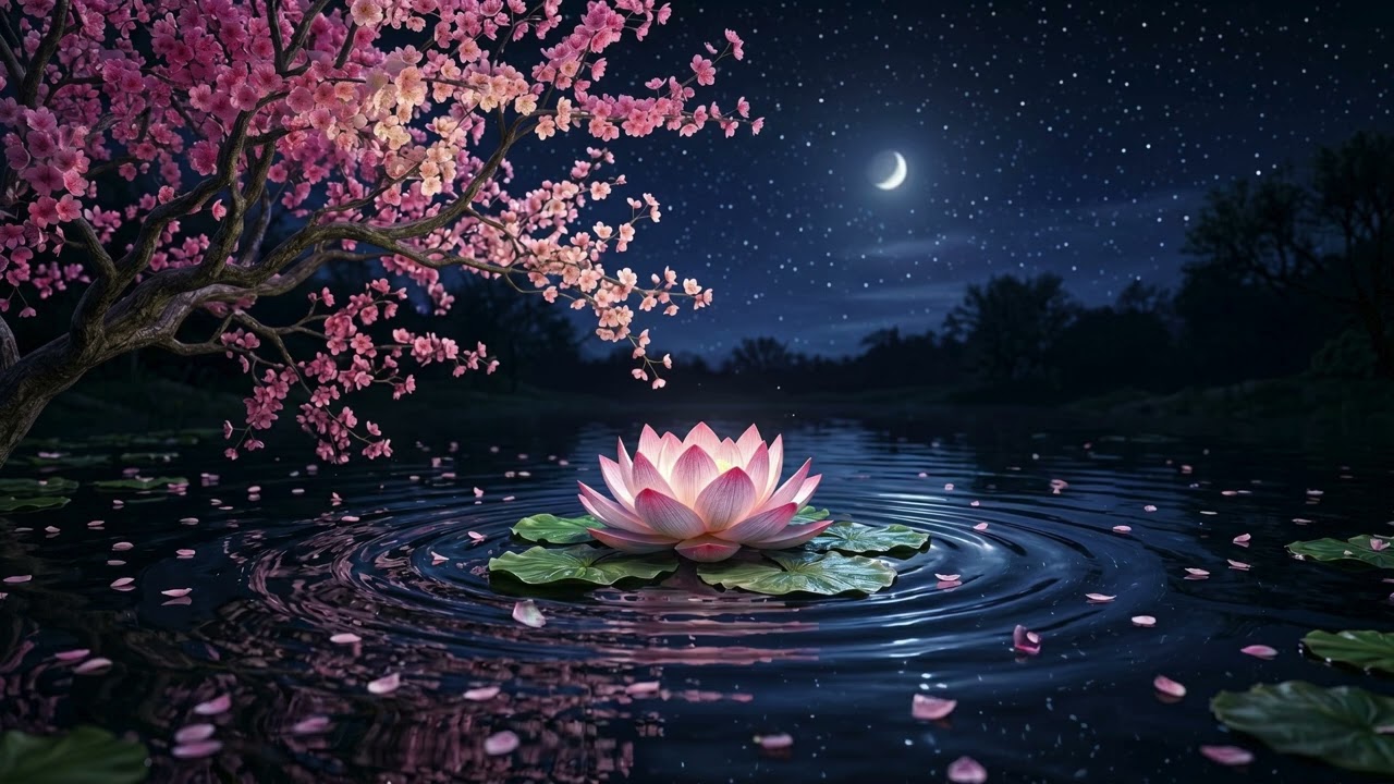 Floating Lotus Flower Under the Cherry Blossoms screensaver wallpaper