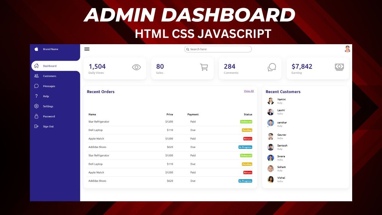Admin Dashboard | HTML , CSS, Javascript #javascript #admindashboard #html #css
