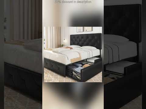 Best product reviews : Queen Size Upholstered Bed Frame with 4 Drawers and Adjustable Headboa