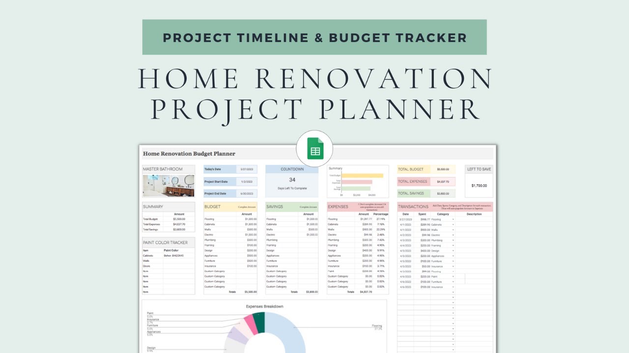 Home Renovation Project Tracker Google Sheets Template & Excel Spreadsheet | DIY Project Tracker