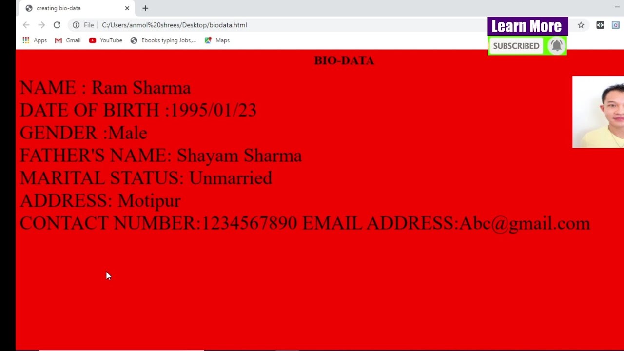 Creating BIO-DATA in HTML.