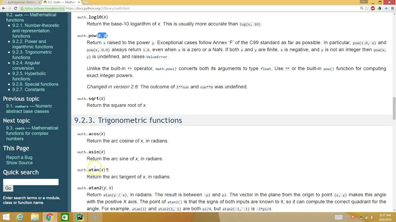 (Python 2) - Using the math tools Pythagorean Calculator