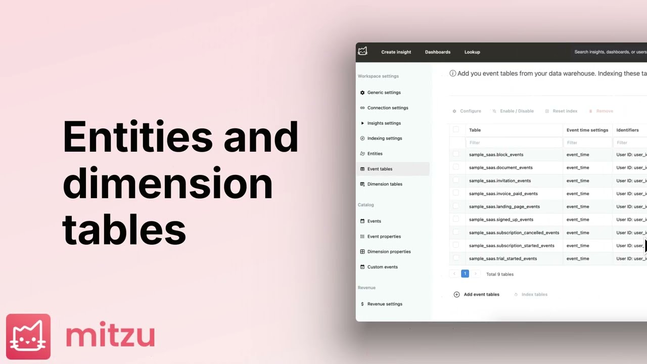 How to set up entities and dimension tables in Mitzu?
