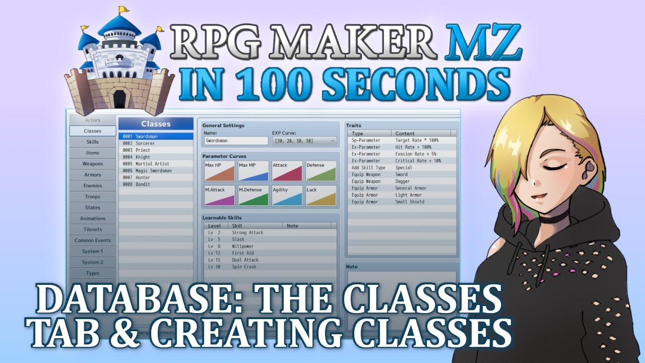 Database: The Classes Tab & Creating Classes // RPG Maker MZ In 100 Seconds