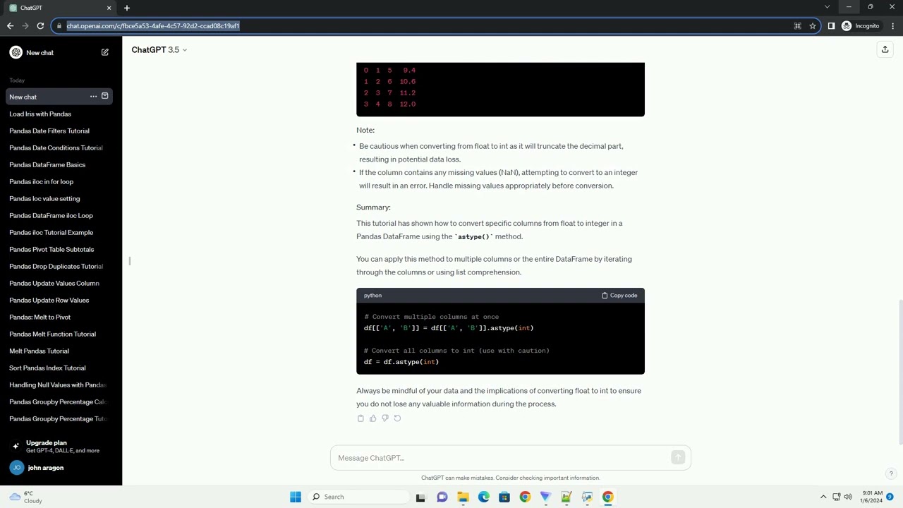 convert pandas dataframe from float to int