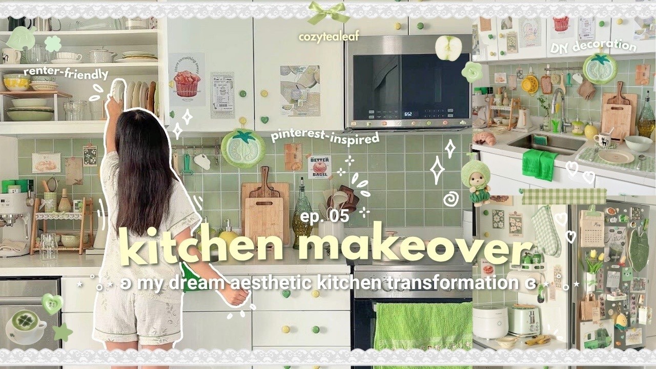 AESTHETIC KITCHEN MAKEOVER 🍏🌿 pinterest inspired, diy decor, organization, whimsy transformation