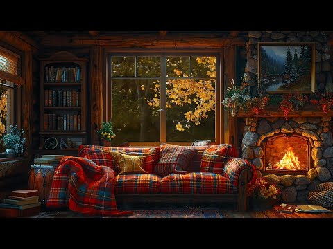 Autumn Cozy Living room Ambience | Wood Burning Stove, Fall Season Birds, Crows