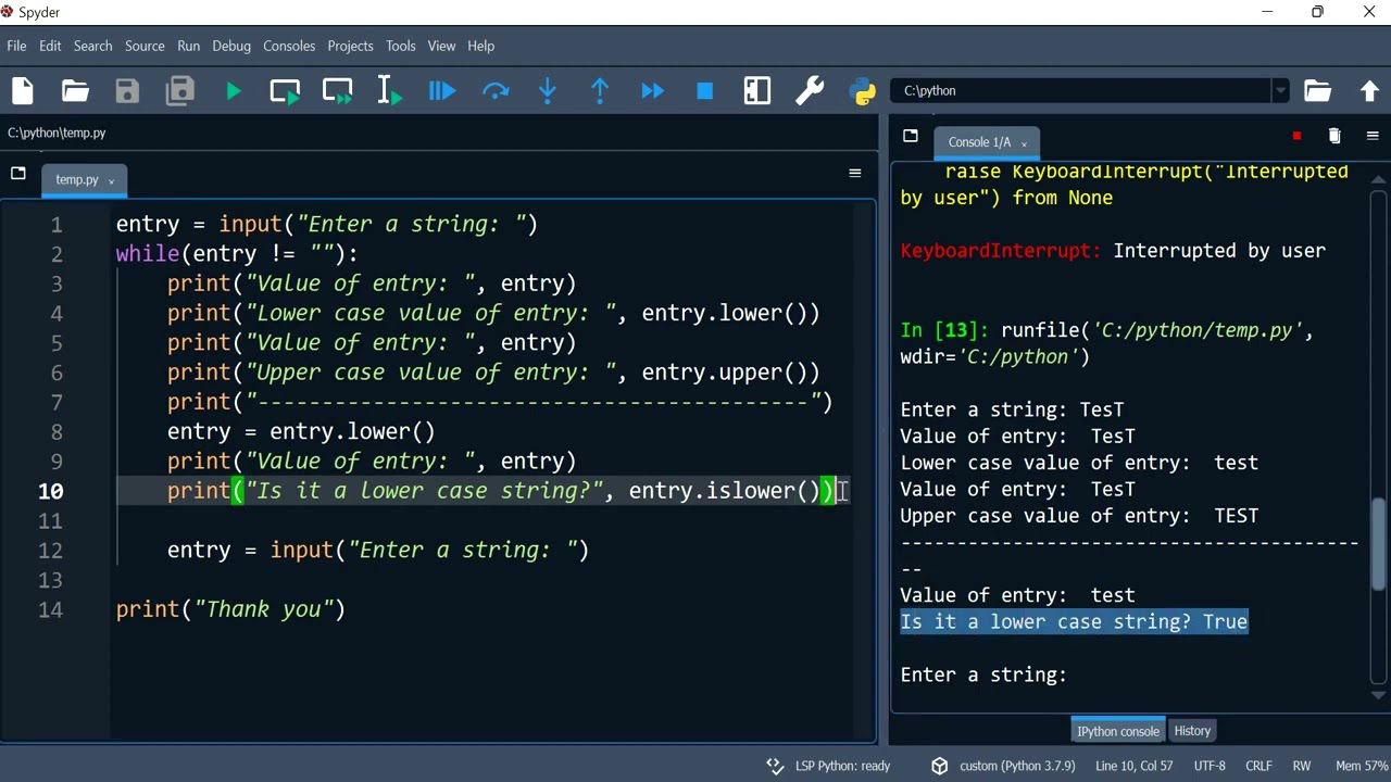 Python 44: Check if a string is composed of lower/upper case letters using islower()/isupper()
