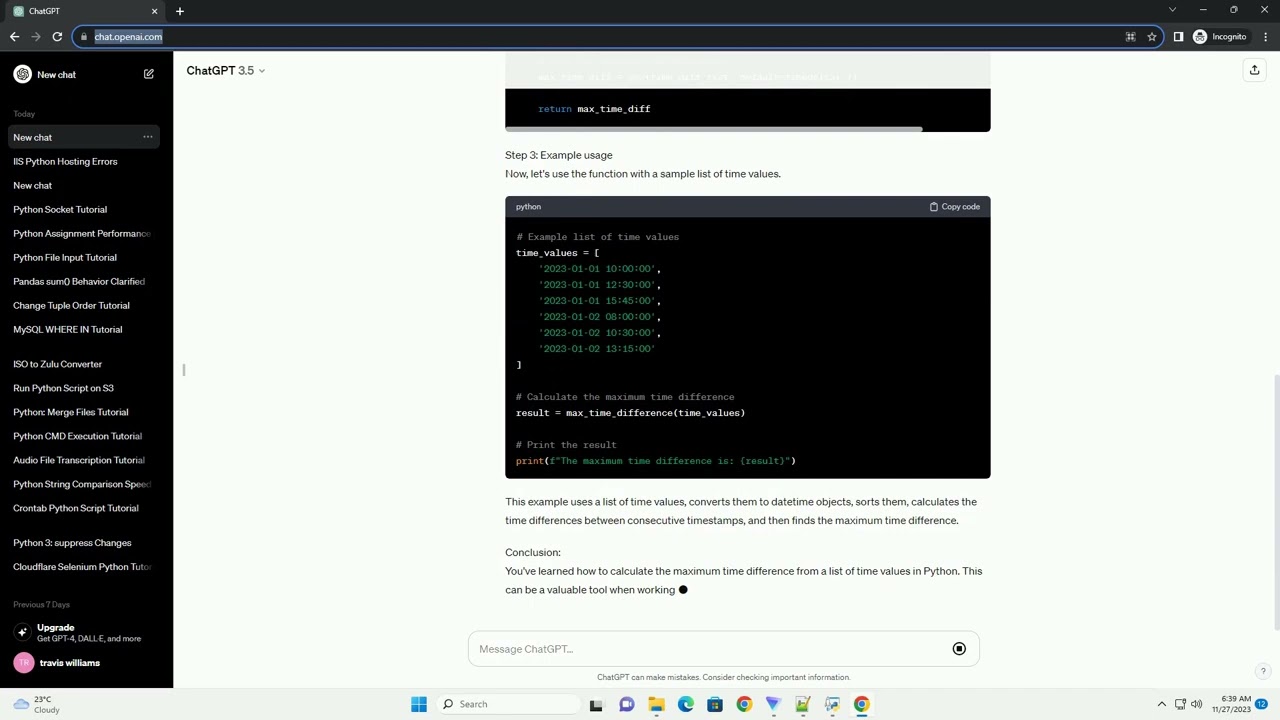 Calculating the maximum time difference from a list in python